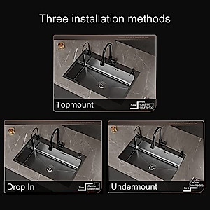 Black Single Bowl Undermount Modern Stainless Steel Nano Kitchen Sink Laundry Sink Commercial Sink with Hot&Cold Water Faucet,Soap Dispenser,Drain Assembly with straine for Hotel,RV,Bar,Shop (Color