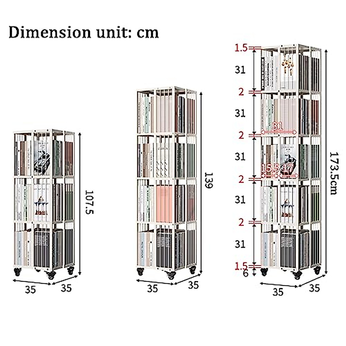 DESONIX Bookshelf 360° Rotating Bookshelf Mobile Shelf Corner Storage Rack with Wheels Floor-to-Ceiling Bookcase for Bedroom Living Room Home Office Floor Standing Bookcase