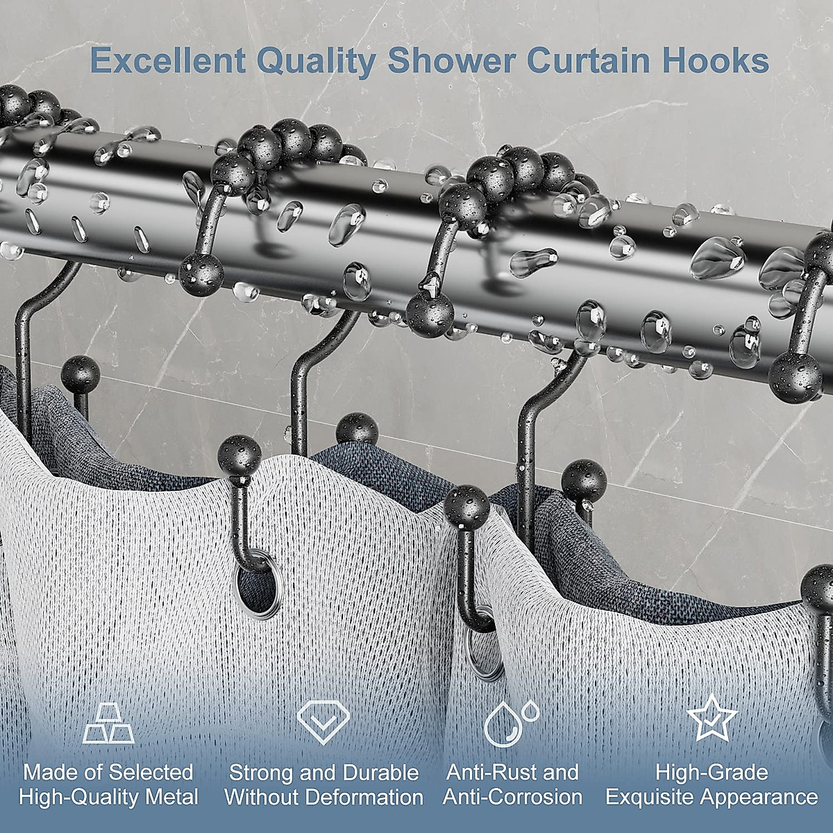 BBLHOME Shower Curtain Hooks Rings, Sturdy Shower Curtain Hooks Rings Rust Proof Metal Double Sided Shower Hooks Rings for Bathroom Shower Curtain Rod Curtains, Set of 12 Hooks, Black