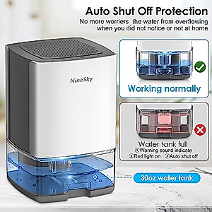 NineSky Dehumidifier for Home, 30oz Water Tank,(300 sq.ft) Dehumidifiers for Bedroom, Bathroom, Basement with 7 Colorful Lights, Auto Shut Off(C1 White/Gray)