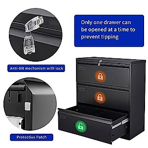 CuisinSmart File Cabinets, 3 Drawer Lateral File Cabinet for Legal/Letter/A4 FileMetal Wide Filing Organization Storage Cabinets with Lock for Home Office-Black