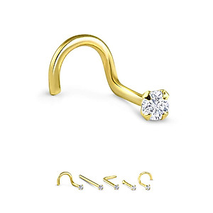 14k Yellow Gold L Bend Nose Stud Ring 2.5mm Clear Round CZ 20G
