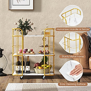 Giantex Gold Bar Cart, Home Island Service Cart, 3 Tier Storage Shelves with Guardrail, Imitation Marble Top, Kitchen Utility Trolley on Wheel Lockable for Dining Room Wine Coffee Bar White (1)