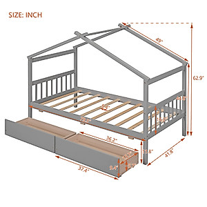Harper & Bright Designs Twin Size House Bed for Kids, Wooden House Bed Twin with Two Drawers, Kids Twin Bed Frame with Storage,Roof Design for Girls Boys, Grey
