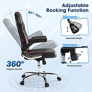 Ergonomic Gaming Chair - Mid Back PU Leather Home Office Desk Chairs, Flip Up Armrest Computer Task Chair with Lumbar Support Wheels, Rocking, and Swivel, Red