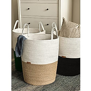 R RUNKA Extra Large Woven basket -16"x 20" Laundry Basket with Handle -Clothes Hamper, Laundry Hamper for Bedroom Living Room，Nursery Decor| Wicker Storage Basket - Off White & Jute