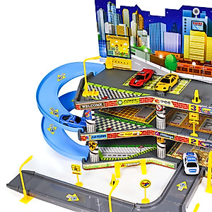 Kidplokio Ultimate Toy Car Garage Diecast Vehicle Playset with 4 Diecast Cars, Boys Ages 3+