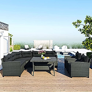 DHPM 6 Pieces Patio PE Wicker Furniture Set Outdoor Brown Rattan Sectional Conversation Sofa Chair with Storage Table and Beige Cushions, for Garden, Yard, Deck, Black