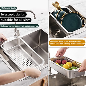 ZDRongZhen Kitchen Supply-Over The Sink Stainless Steel Retractable Kitchen Sink Basket -Wash Vegetables and Fruits, Drain Pasta and Dry Dishes,Extendable (Medium Silver)