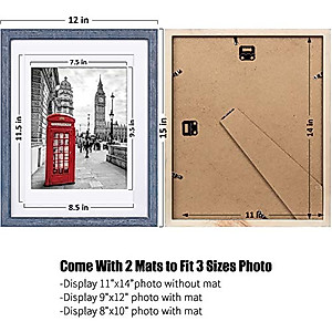 11x14 Rustic Blue Picture Frame Wooden Frame with 2 Mats for 8x10 or 9X12 Picture, 8x10 Picture Frame 9x12 Matted Picture Frame or 11x14 without Mat - Rustic Picture Frame 11x14 Wall Tabletop Display