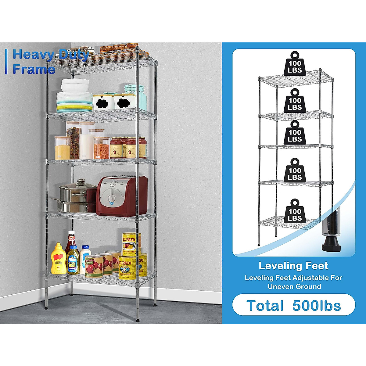 5-Tier Metal Wire Shelving Unit Tall Shelf Storage Rack NSF Certified Storage Shelves 500 Lbs Capacity Standing Utility Shelf for Laundry Kitchen Pantry Garage Organization Snack Shelf