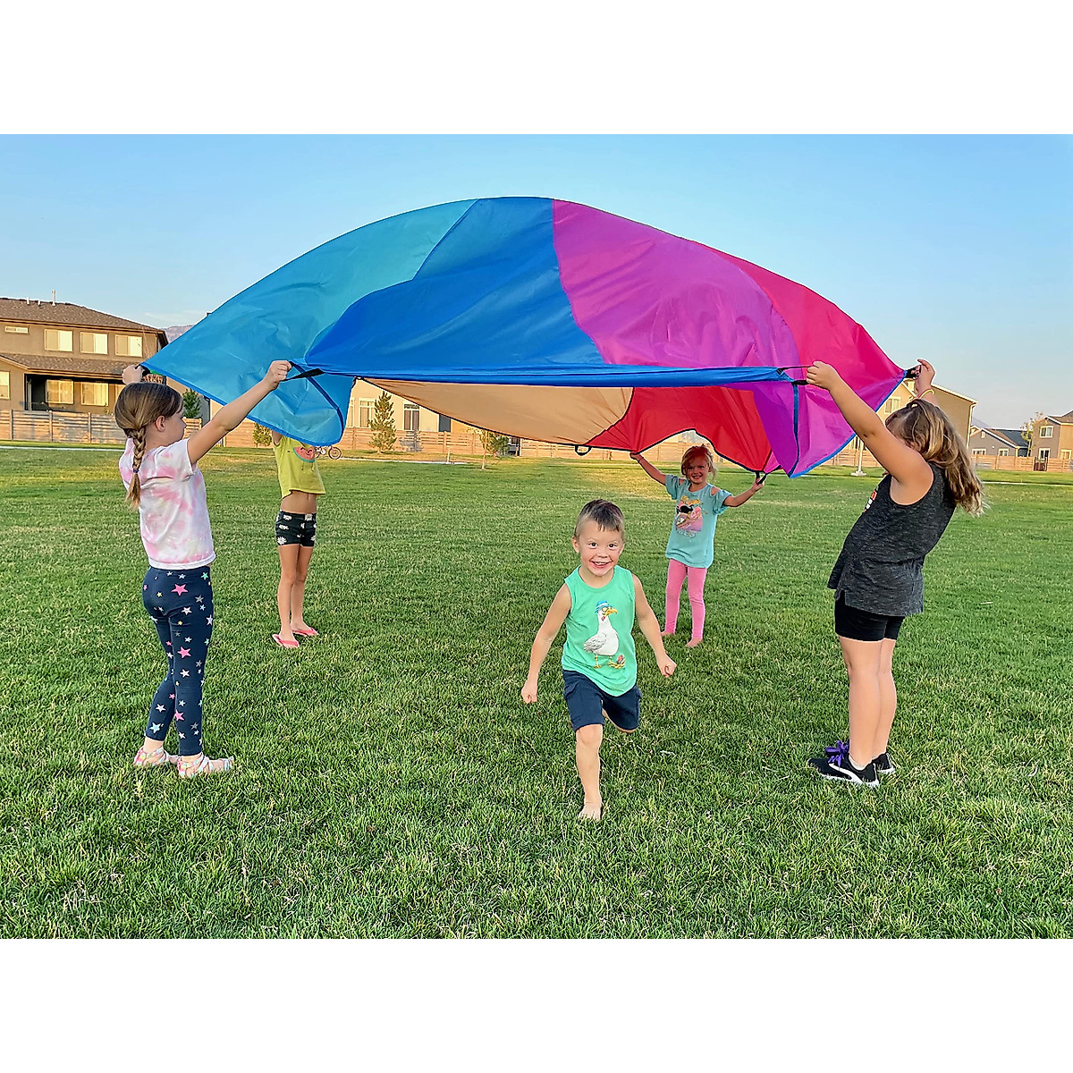 Little Dynamo Parachute Toys for Kids with 8 Handles 12ft - Gym Class Rainbow Color Parachute for Cooperative Group Play - Waterproof and Reinforced Stitching
