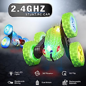 OrrenteRemote RC Cars, Remote Control Car with Wheel Lights and Headlights, Double Sided 360° Rotating RC Car, 4WD RC Truck for 6 Year Old Boy Gifts 2.4Ghz Stunt Kids Toy Car for Boys Girls (Green)