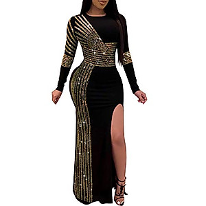 PORRCEY Hot Drilling Craft Sexy Long Sleeve Dress Sexy Dress Party Club Evening Dress (8882,Gold,XL)