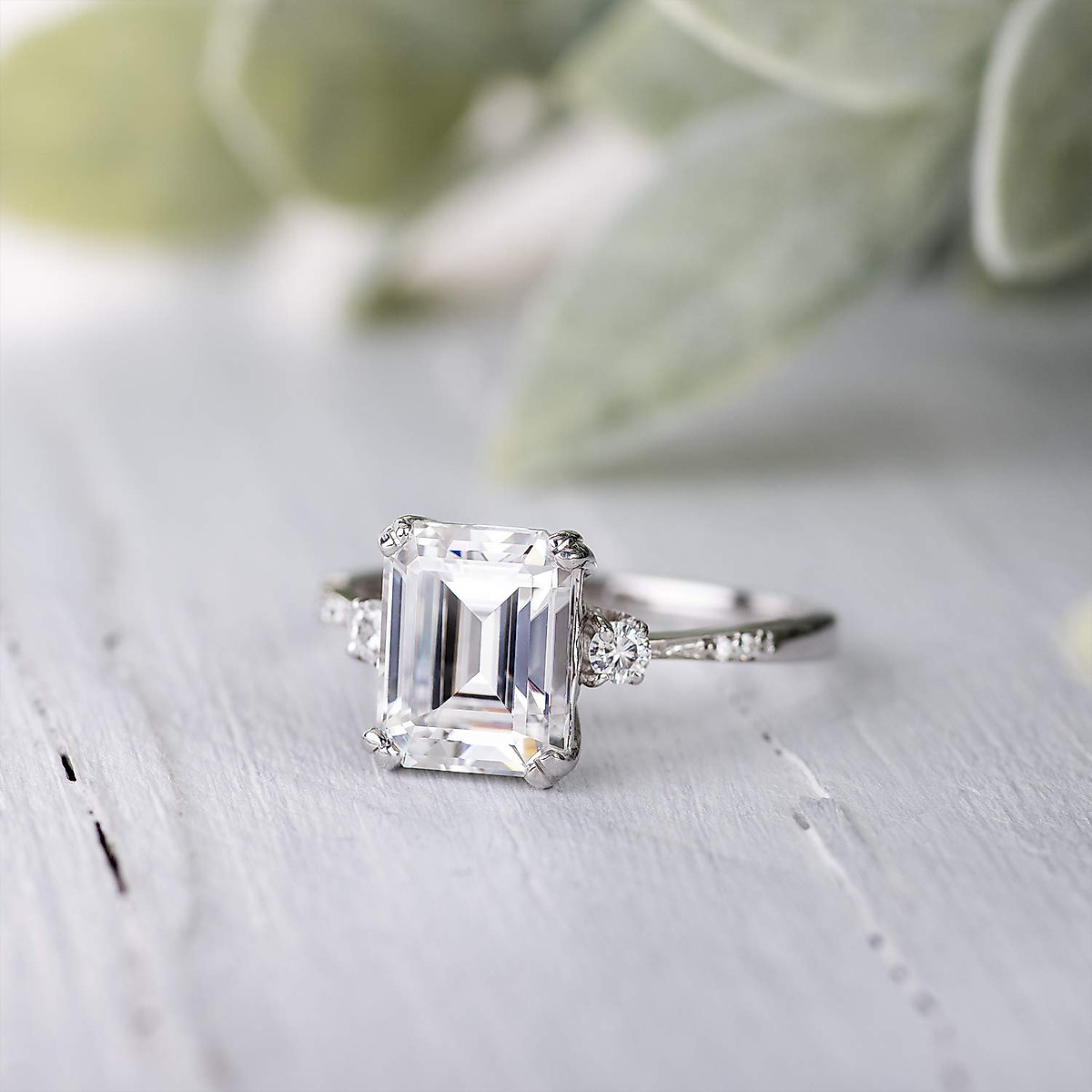 14K White Gold Moissanite by Charles & Colvard 10x8mm Emerald Fashion Ring-size 6 3.69cttw DEW