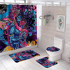 4Pcs Sets African American King&Queen Shower Curtain Met Set with Non-Slip Rugs, Toilet Lid Cover and Bath Mat,Shower Curtain with 12 Hooks, Durable Waterproof Shower Curtain