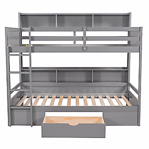 BIADNBZ Twin Size Bunk Bed with Built-in Shelves and Storage Drawer, Wooden Bunkbed for Kids/Teens Bedroom, No Spring Box Needed, Twin Over Twin Size, Gray
