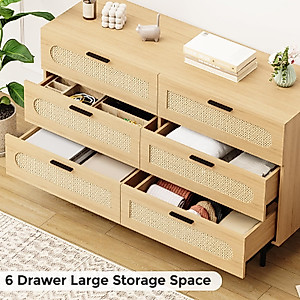 MAISONPEX 6 Drawer Dresser for Bedroom Wooden, Natural Rattan Double Dresser Chest of Drawers, Wide Wood Dressers for Nursery, Bedroom, Hallway, Living Room