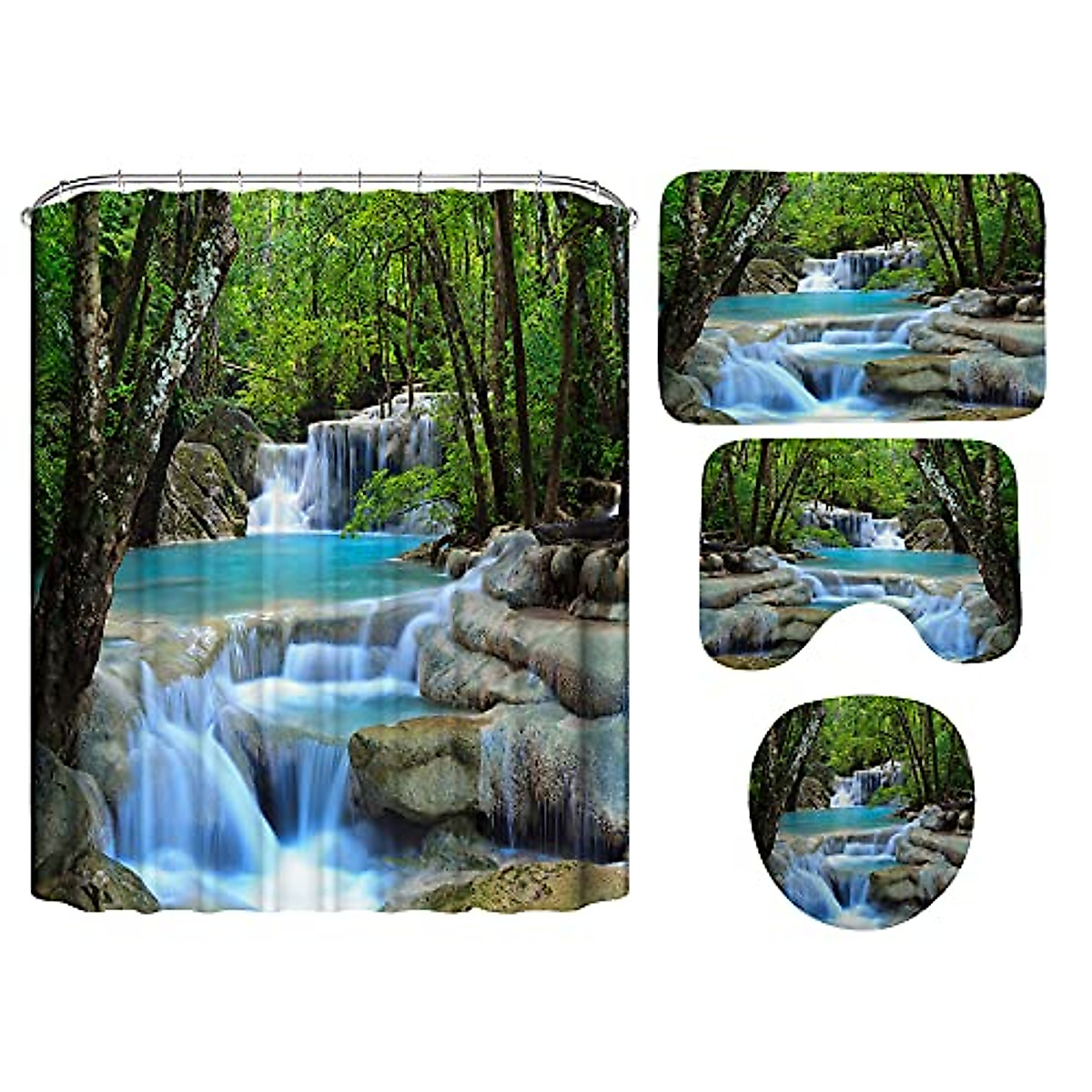 DDS-DUDES 4Pcs Shower Curtain Sets, Natural Scenery Spring Forest Waterfall Waterproof Bathroom Sets with Shower Curtain and Rugs Toilet Cover and Bath Mat, 12 Plastic Hooks (Forest Waterfall)