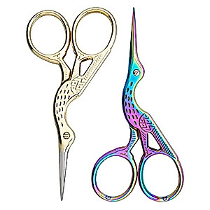 Embroidery Scissors Small Sewing Scissors Stainless Steel Classic Stork Sharp Tip 2PCS Crafting Scissors for Art Work DIY Needlework Paper Cutting Office Threading Shears (3.7inch, Gold & Colorful)