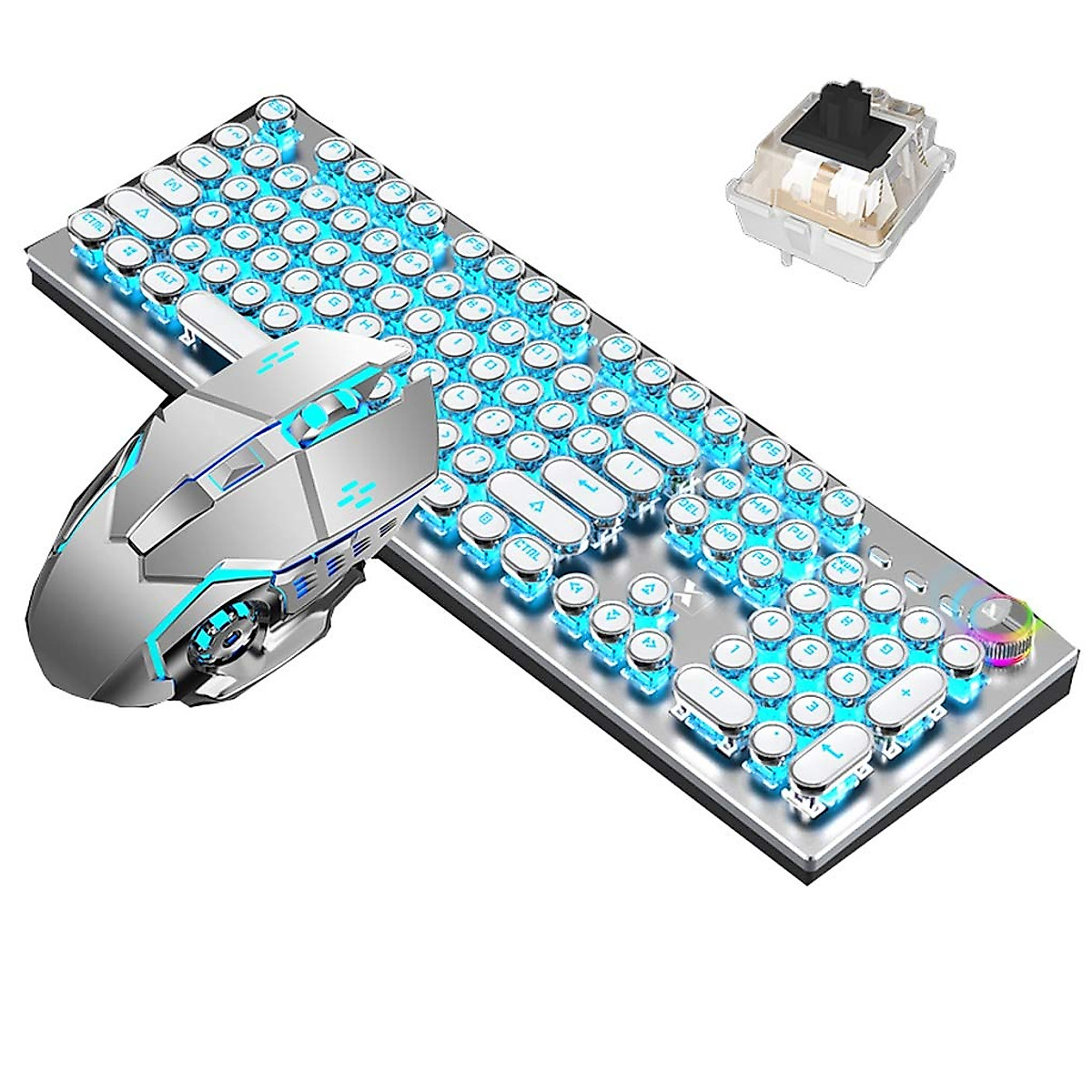 ARCH Mechanical Gaming Keyboard and Mouse Combo 104 Keys Keyboard Computer Ergonomic Programmable Mouse for PC Gamer Computer Laptop (Color : Silver White-Green Shaft)