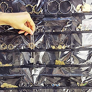 CRUGLA 2 Packs Hanging Jewelry Organizer Set, Dual Sided 80 Pockets and 40 Hook Loops Black Hanging Accessories Closet Organizers Earring Necklace Holder for Jewellery