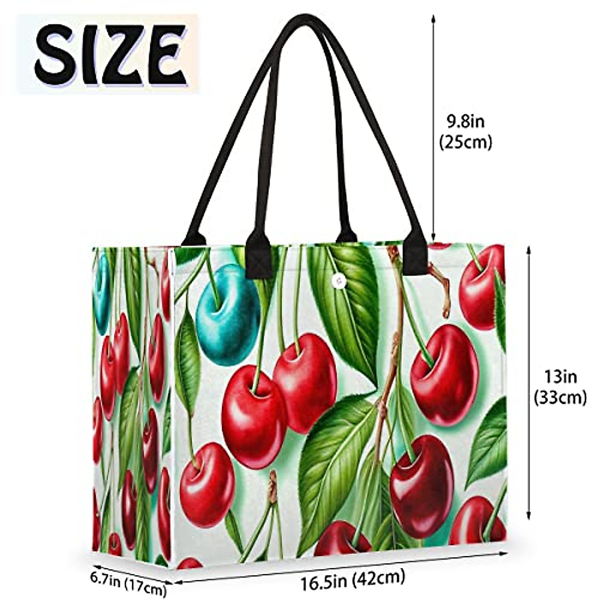 cfpolar Cherry Reusable Grocery Shopping Bag with Hard Bottom, QQQBQQ Large Foldable Multipurpose Heavy Duty Tote with Zipper Pockets, Sustainable, Durable and Eco Friendly, Beach Bag