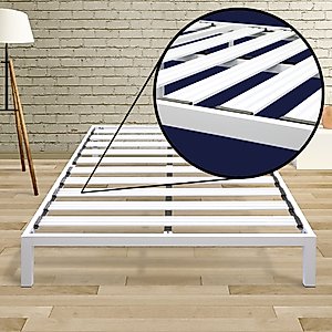 Mellow Rocky Base C 14" Platform Bed Heavy Duty Steel White, w/ Patented Wide Steel Slats (No Box Spring Needed) - Queen