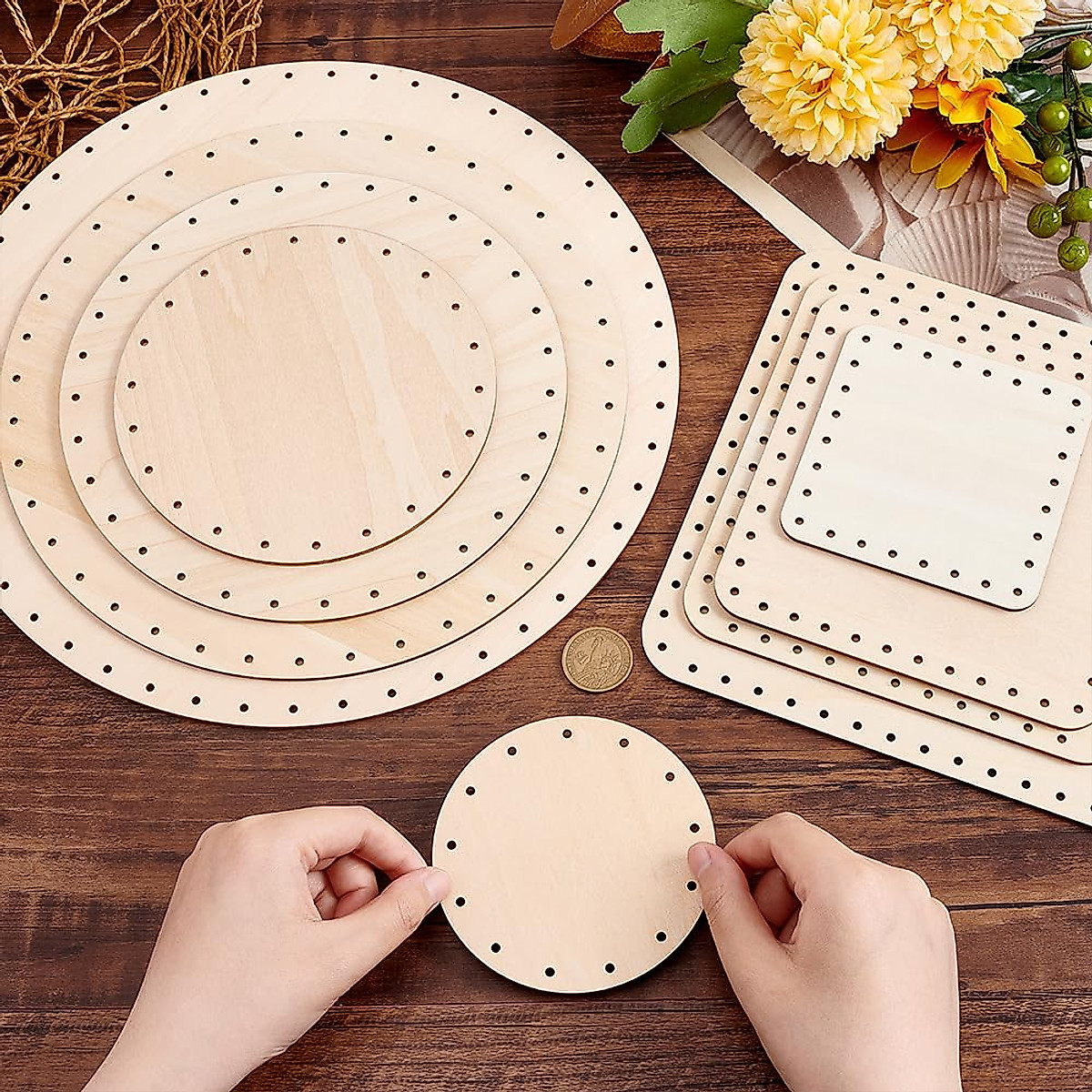 PH PandaHall 9pcs Wooden Basket Bottom, Natural Flat Round Square Blank Crochet Basket Undyed Wood Basket Weaving Base for DIY Knitting Crochet Bags Yarn Storage Bag Basket Supplies