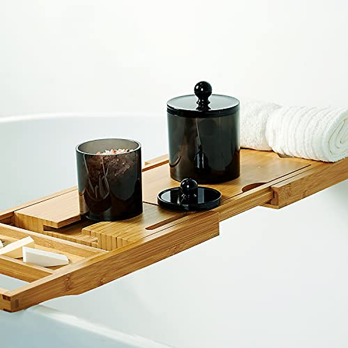 Qtip Holder Bathroom Set with Tray(4PCS) - 3 Pack Acrylic Plastic Apothecary Jars Qtip Dispenser Canister with Lid and Labels, 1 Pack Bathroom Vanity Tray, for Cotton Ball, Cotton Swab (Black)