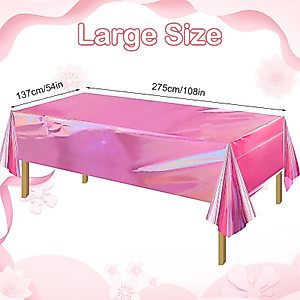 Whaline 6Pcs 108 x 54 Inch Iridescent Pink Plastic Tablecloths Shiny Rainbow Rectangle Disposable Table Covers Holographic Foil Table Cloth for Birthday Wedding Bridal Shower