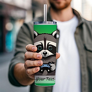 Personalized Custom Name Text Raccoon Gamer Gaming Playing Game Skinny Tumbler 20oz with Straw Insulated Water Bottle Gift - 1 Line Horizontal