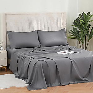 DOWNCOOL King Size Sheets Set - 100% Cotton Sheets, King Sheets Deep Pocket Up to 16", 400 Thread Count Sateen Bed Sheets King Size, Soft Breathable & Cooling Sheets, 4-Piece King Sheet Set, Grey