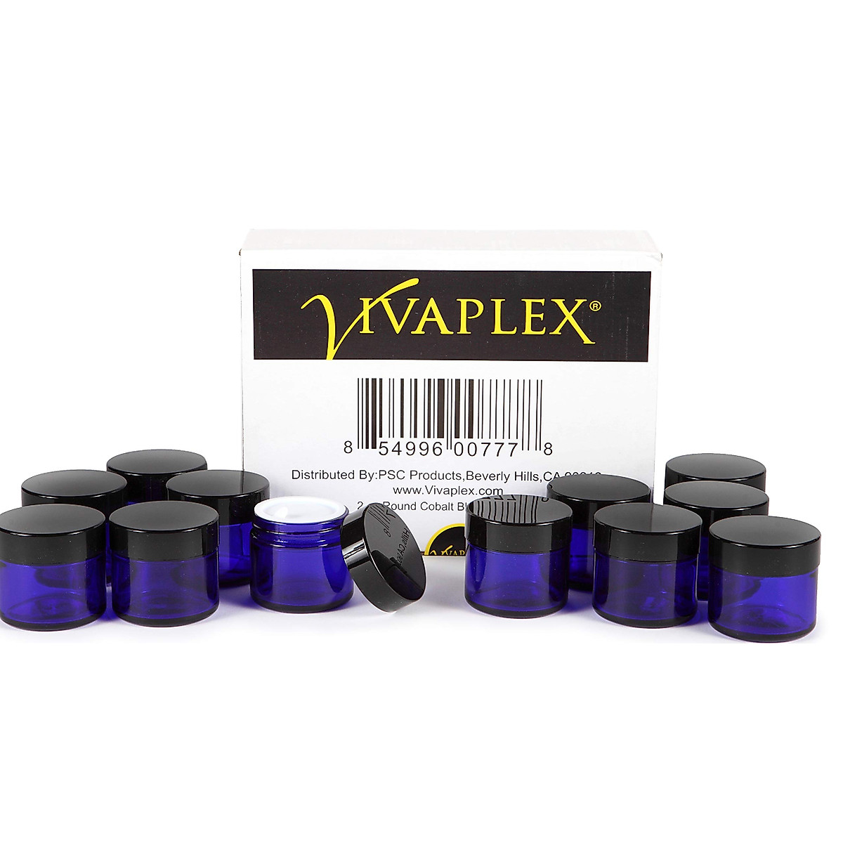 Vivaplex, 12, Cobalt Blue, 2 oz, Round Glass Jars, with Inner Liners and black Lids