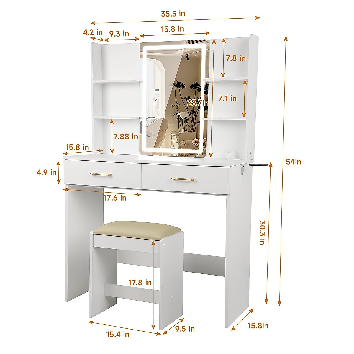 QUALIKRAFT Vanity Set with Mirror and Stool and Lights, Vanity Desk with Mirror & Power Outlet,Vanity Desk with Drawers, White Vanity with Lighted Mirror，Dressing Table Set with 2 Large Drawers