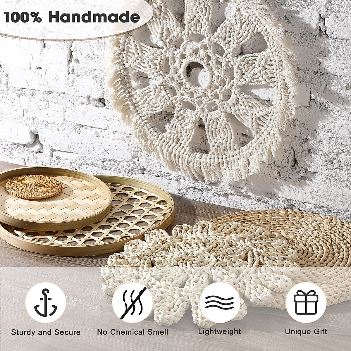 6 Pcs Rustic Hanging Boho Flat Woven Farmhouse Rattan Wall Decor Wall Basket for Living Room Bedroom Decoration