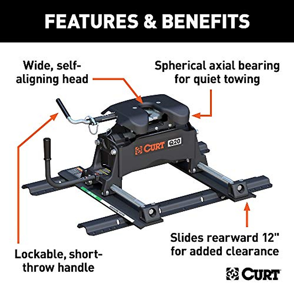 CURT 16636 Q20 5th Wheel Slider Hitch with Base Rails for Short Bed Trucks, Carbide Black, 20,000 lbs