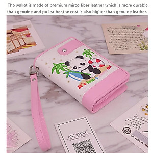Womens Leather RFID Cute Cartoon Panda Wallet Purse Wristlets with Coins Pocket Pink