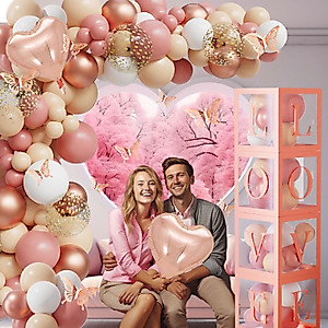 132pcs Rose Gold Baby Shower Decorations with Girl Baby Boxes, Boho Blush Pink Tan Butterfly Balloon Arch Kit Baby Box with Letters for Women Birthday Bridal Wedding Tea Party Valentine’s Day