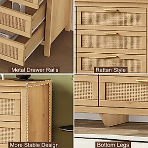 Keehusux Rattan 6 Drawer Dresser for Bedroom, Wooden Storage Chest of Drawers with Metal Handles, Double Dresser Chest for Living Room, Entryway, Natural KES002MDG