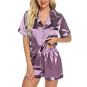 Women's Silk Satin Pajamas Set Short Sleeve Sleepwear Two Piece Button Down Pj Set with Pockets Violet