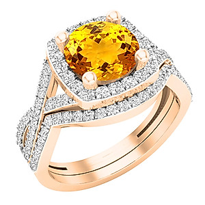 Dazzlingrock Collection 8 mm Round Citrine & White Cubic Zirconia Ladies Split Shank Halo Wedding Ring Set, 10K Rose Gold, Size 7.5