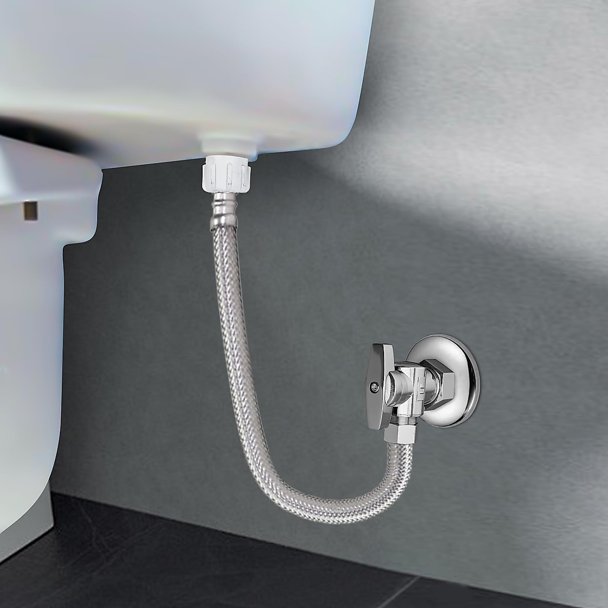 PURAGIER 2 Pack Complete Toilet Set Valve,1/2 inch Nom Inlet x 3/8 Inch Od Compression Outlet Angle Stop Valve+15 Inch Long Stainless Steel Braided Water Supply Line+Escutcheon Plate