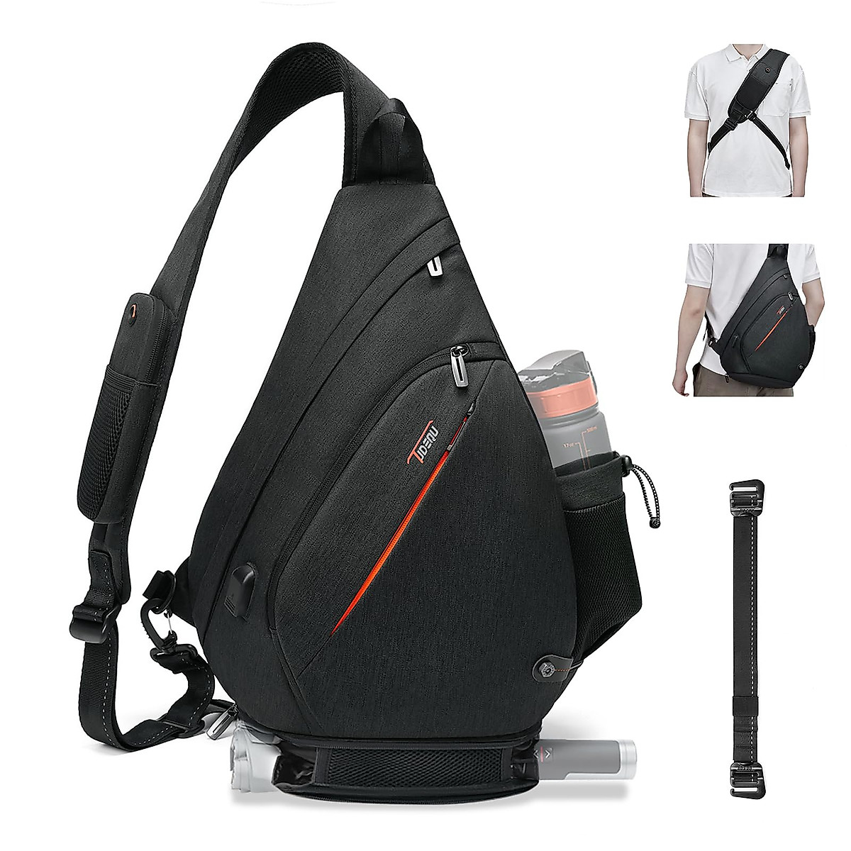TUDEQU Sling Bag Crossbody Sling Backpack with USB Charging Port, Water Resistant Shoulder Bag Outdoor Travel Hiking Daypack with Wet Pocket Men Women