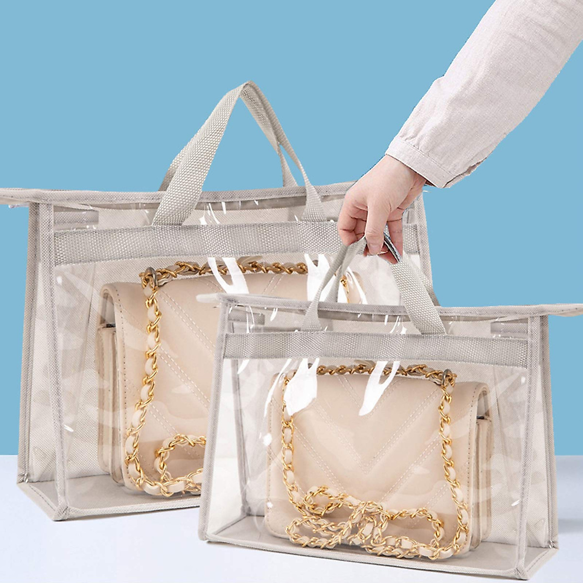 Regilt 3 PCS Transparent Handbag Storage Organizer Space-Saving Dust Cover Bag Dust-Proof Purse Storage Bag with Zipper and Handle (Grey, 3)