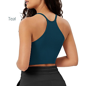 ODODOS Women's Crop Camisole 3-Pack Washed Seamless Rib-Knit Crop Tank Tops, Beige Coral Teal, X-Small/Small