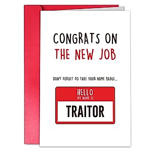 Funny New Job Card for Coworker, Hilarious Leaving Card for Colleague, Unique Going Away Card for Him Her, “HELLO MY NAME IS TRAITOR.”