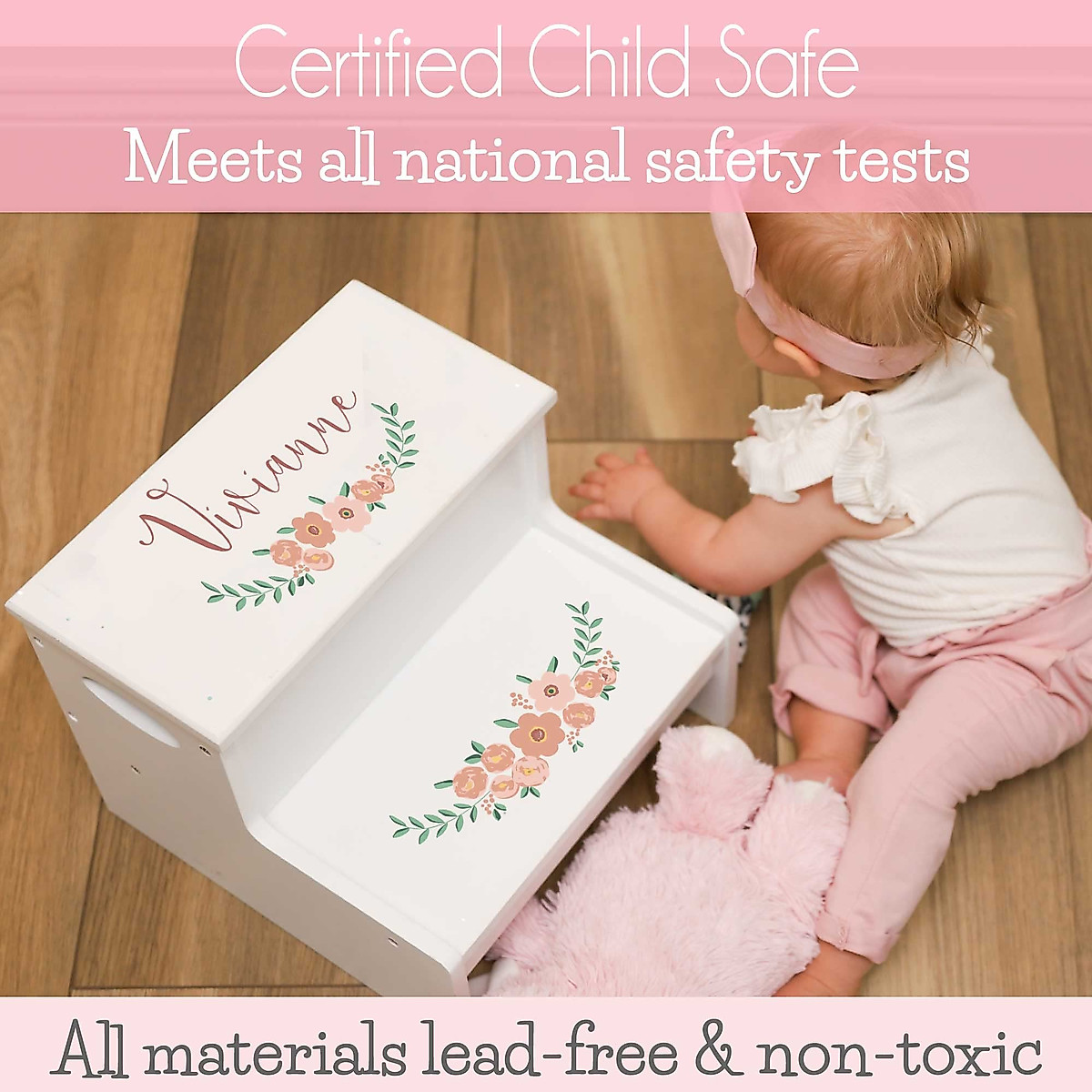 Personalized Pink Gray Floral Garland White Childrens Step Stool with Storage (Pink Elephant)