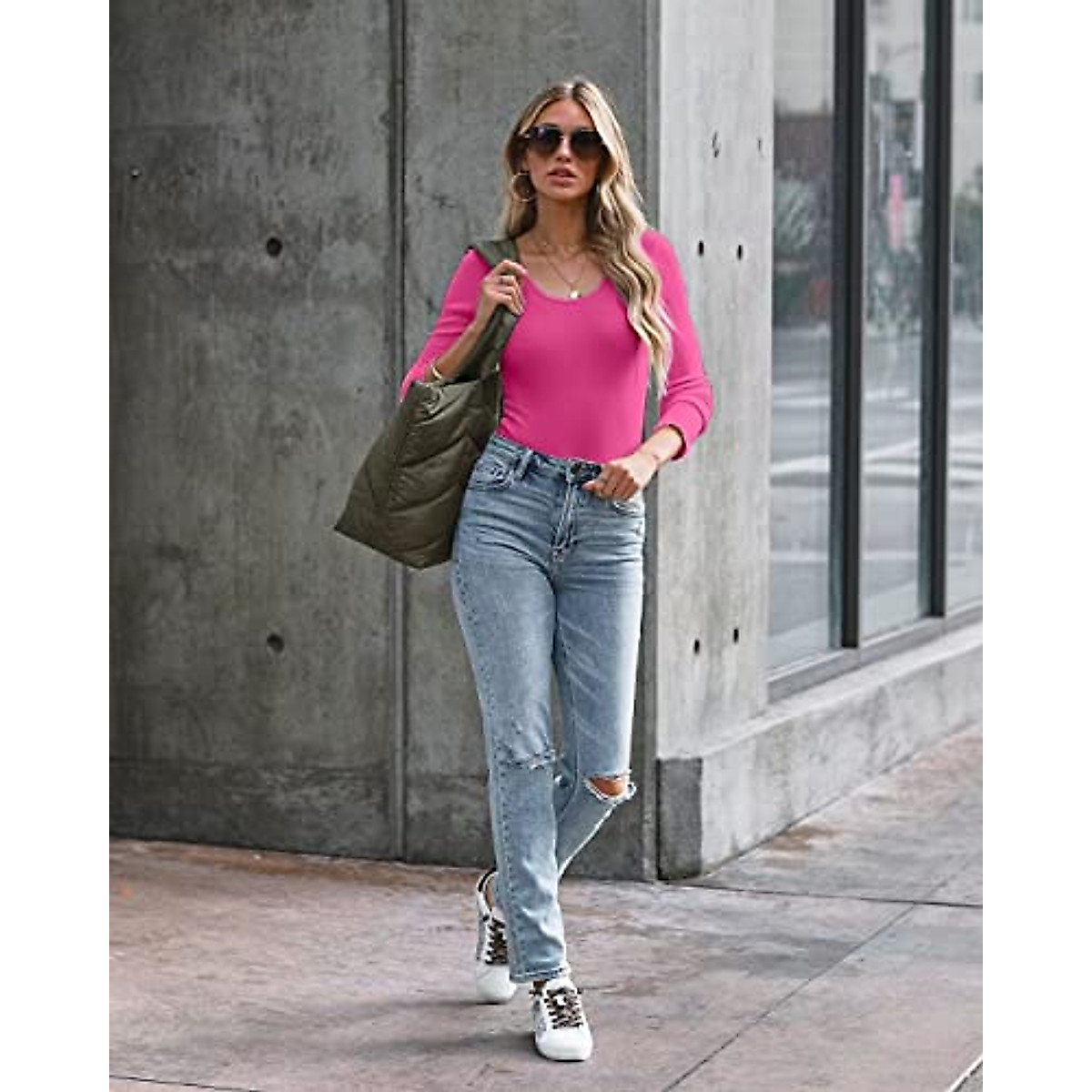 VICHYIE Fall Women's Square Neck Long Sleeve Shirts Scoop Ribbed Henley Tee Slim Fitted Casual Basic Tshirts Top Blouses Hot Pink L