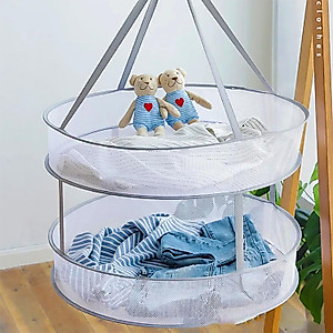 Qaoliffa 2-Tier Folding Mesh Clothes Hanging Dryer,Prevent Sweater from Deforming,Laundry Basket for Drying Underwear，Towels, Hats, Scarves,23 inches in Diameter(Set of 2)